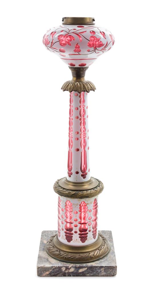 An American Overlay Glass Oil Lamp Base by - BidtoArt.com