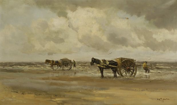 Schelpenvissers met paard en wagens op het strand by Willem George Frederik Jansen artist at ...
