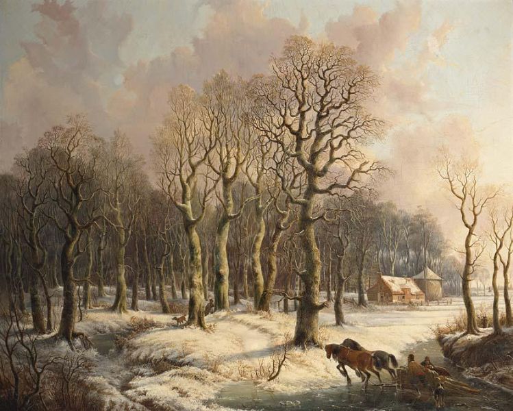 WOOD GATHERERS WITH A HORSE DRAWN SLEIGH AND A HUNTER IN A WINTRY ...