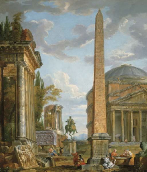 A capriccio with figures gathered around the Obelisk of Augustus, a ...