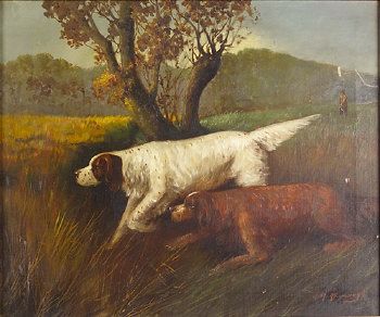 Two pointers with a huntsman in landscape by Joseph Malachy Kavanagh ...