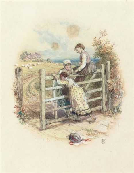Three children playing on a gate by Myles Birket Foster artist at ...