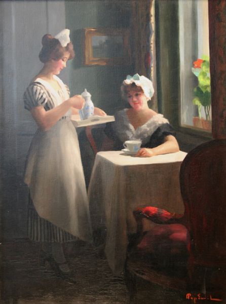 Maid serving Tea to a seated Lady wearing a Bonnet, beside a Window by ...