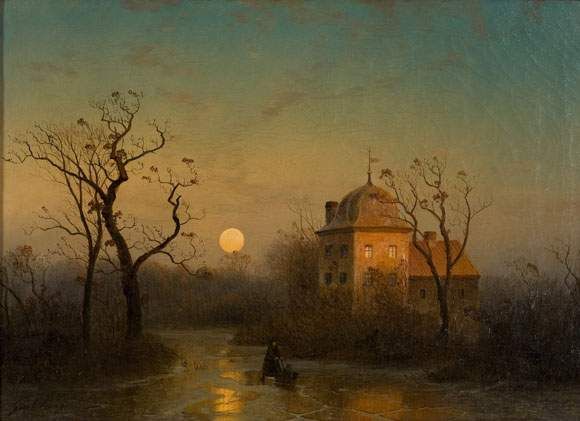 Wasserschloss mit Frau auf dem Eis by Gustav Lange artist at ...