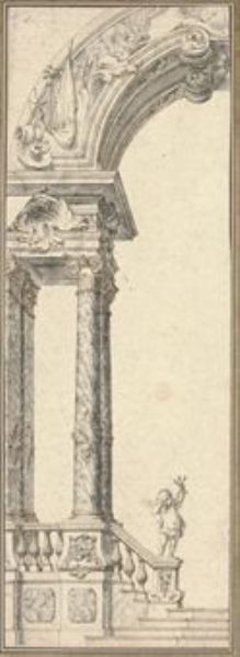 Design for a half-arch with composite columns and a statue of Cupid ...