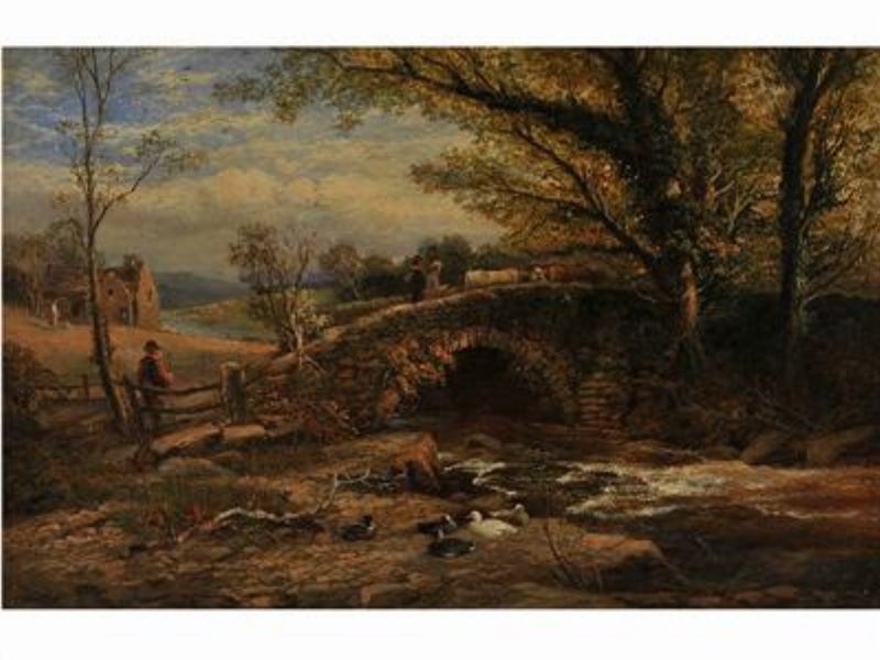 Engelskt landskap med figurer och djur vid bro. by Thomas Whittle ...