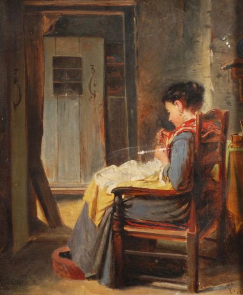 A woman sewing in a cottage interior by Thomas Faed artist at Dreweatt ...