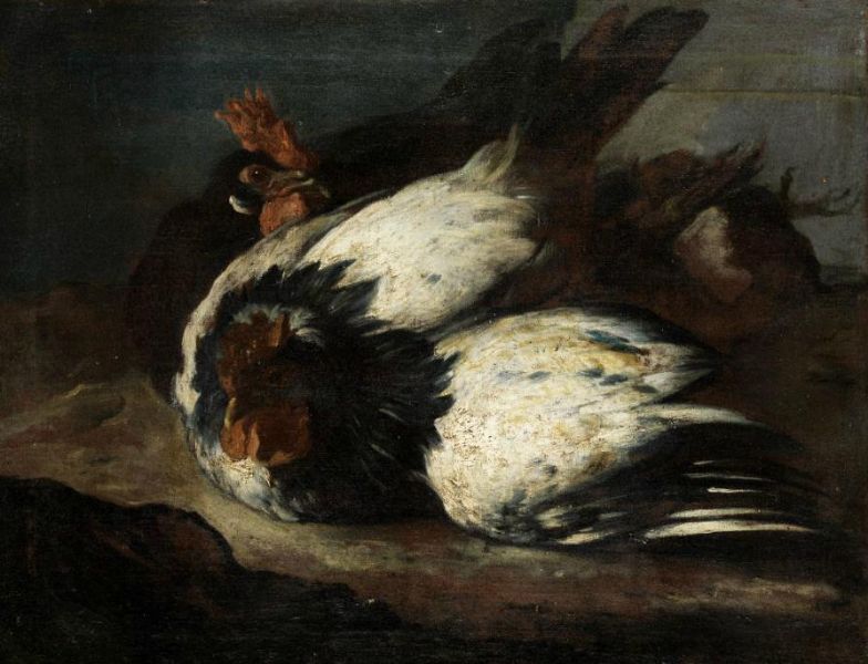 ZWEI SITZENDE HÜHNER IN ANGEDEUTETER LANDSCHAFT by Arcangelo Resani ...