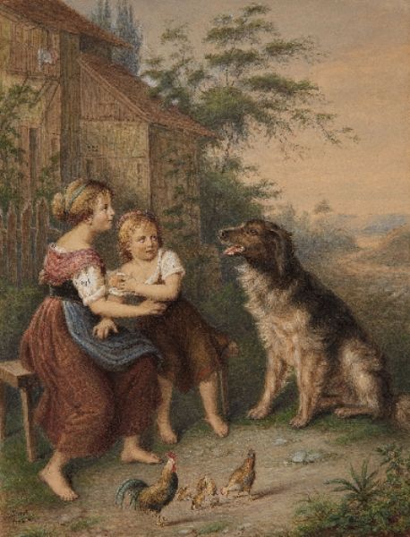 TWO GIRLS WITH A DOG by Albert Friedrich Rudolf Kornek artist at ...