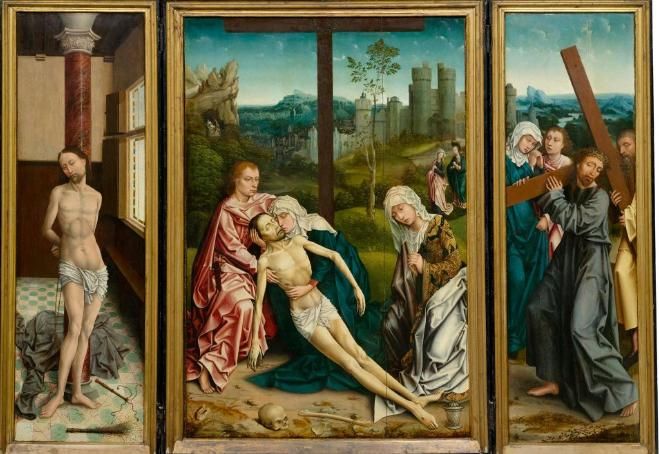Triptych: central panel with the Lamentation of Christ; inner lateral panels with scenes from ...