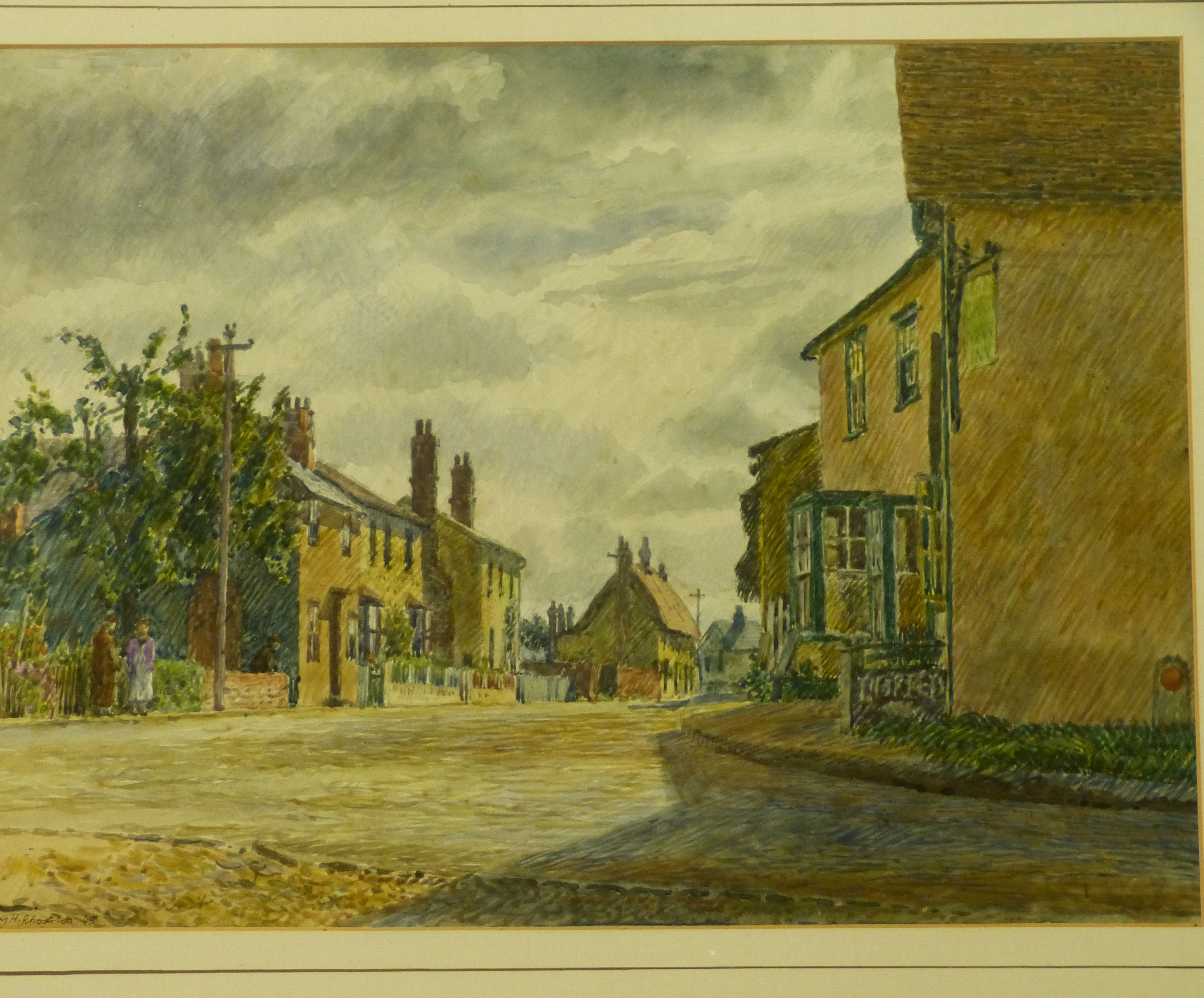 Depicting high street of cottages by GEOFFREY H RHOADES artist at P.F ...