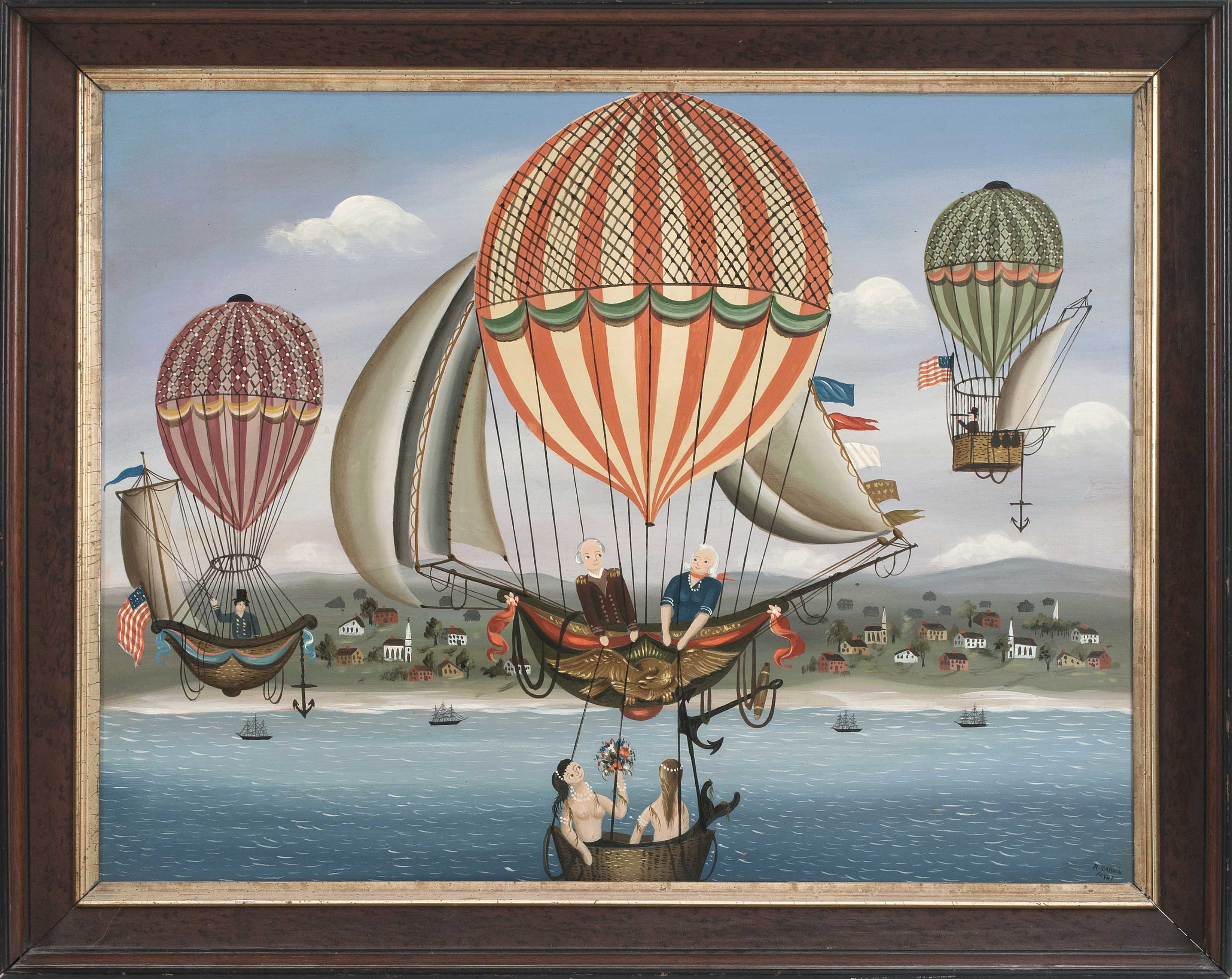 Sailors and mermaids enjoying a balloon ride over a seaside village by ...