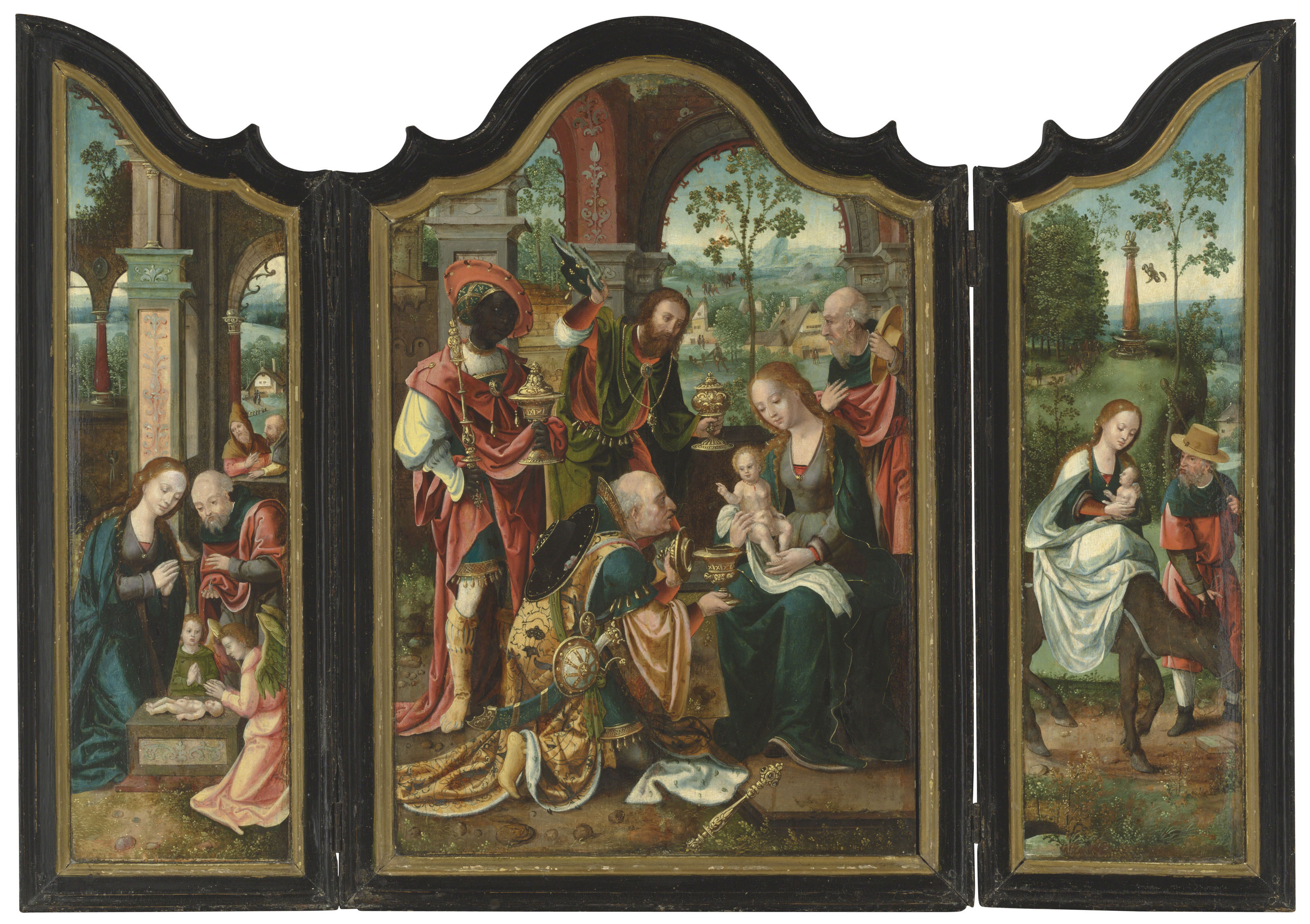 A Triptych: the central panel: The Adoration of the Magi; the wings: The Nativity; and The ...